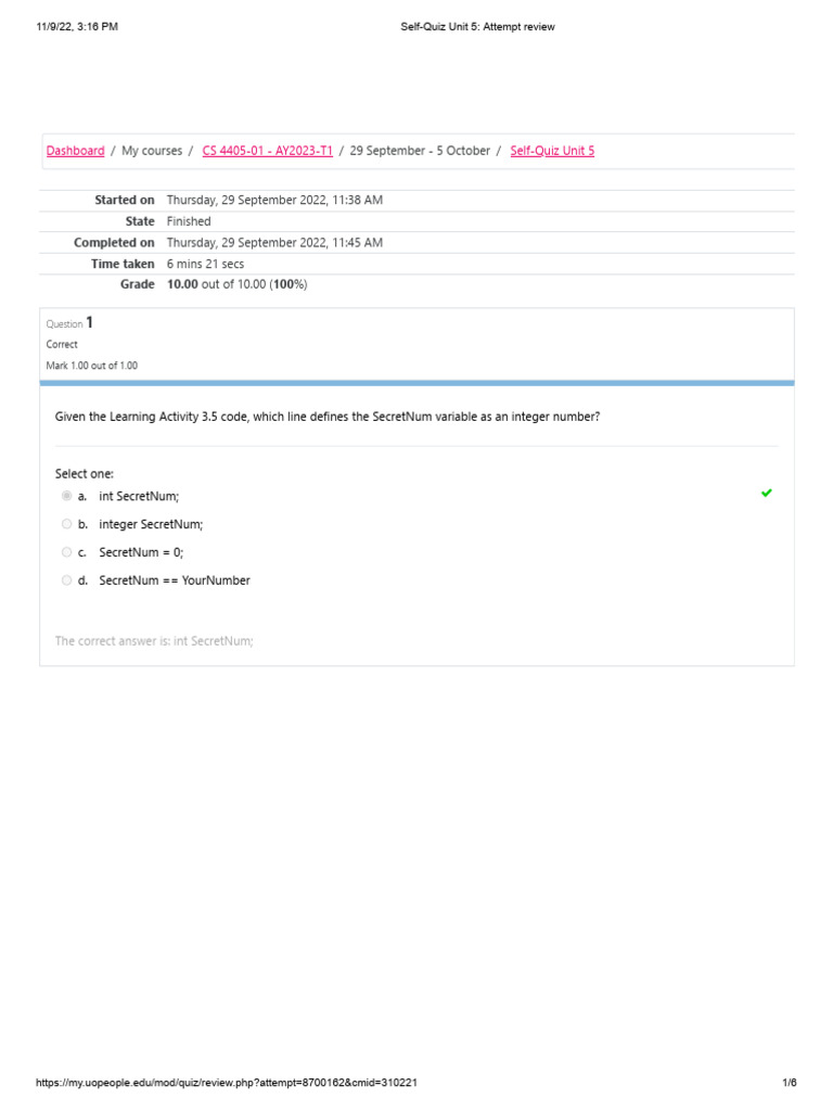 Self-Quiz Unit 5 - Attempt Review | PDF