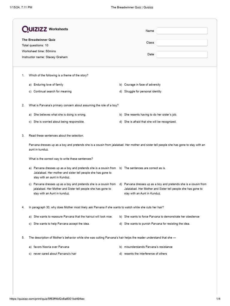 The Breadwinner Quiz and Answers | PDF