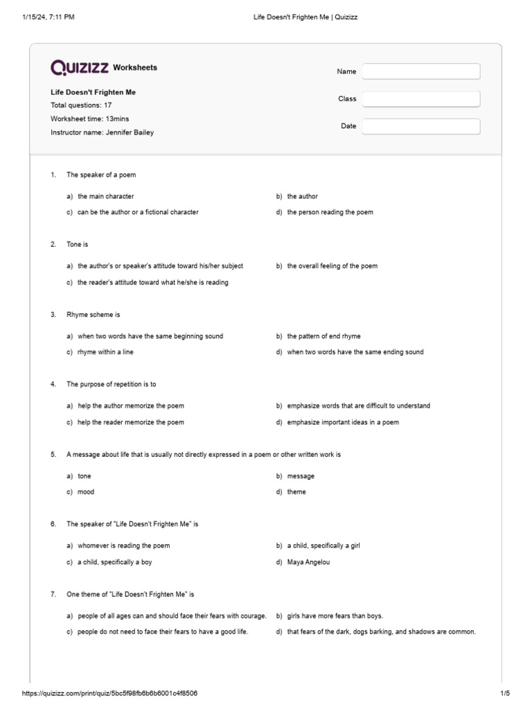 Life Doesn't Frighten Me Worksheet | PDF | Poetry
