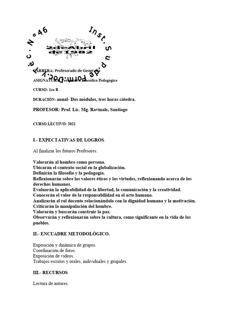2021 - Perspectiva Filosófico-Pedagógica - 1ro - Ravinale | PDF