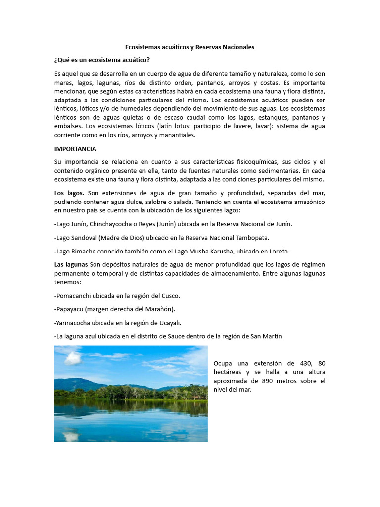 Ecosistemas Acuáticos y Reservas Nacionales | PDF | lago | Ecosistema