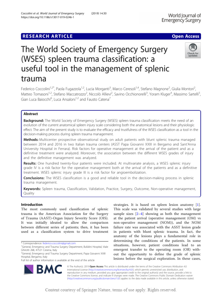 The World Society of Emergency Surgery WSES Spleen | PDF | Injury | Surgery