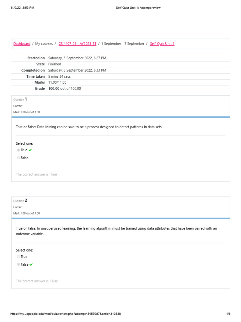 Self-Quiz Unit 5 - Attempt Review | PDF | Machine Learning | Regression Analysis