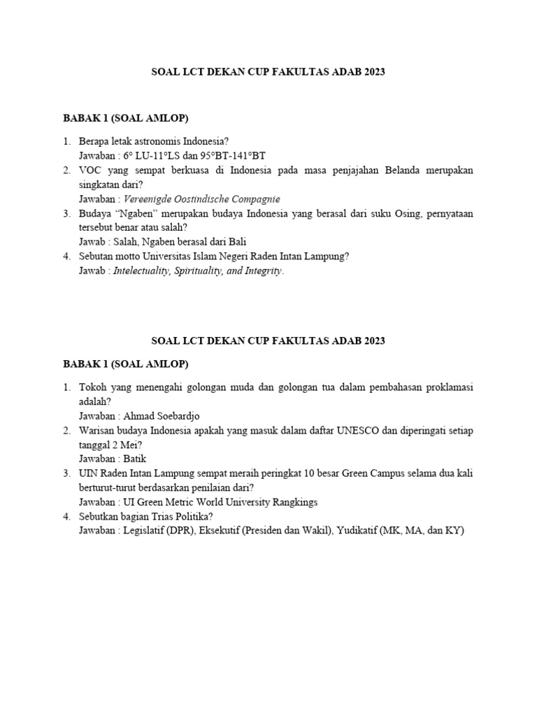 Soal LCT Dekan Cup Fakultas Adab 2023 | PDF | Ilmu Sosial | Perjalanan