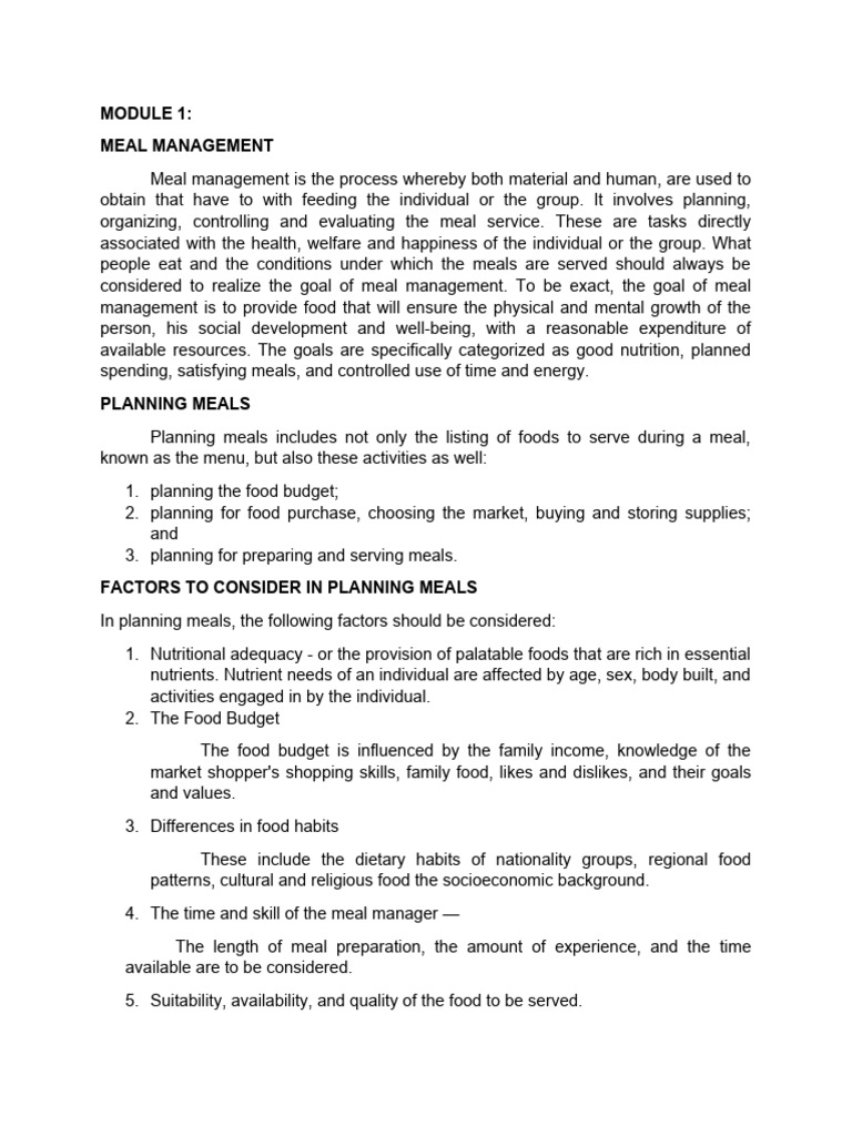 Module 1 Meal Management | PDF | Foods | Vitamin