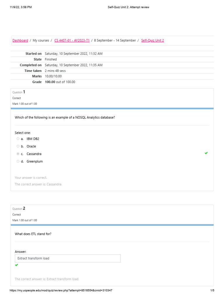 Self-Quiz Unit 2 - Attempt Review | Download Free PDF | No Sql | Databases
