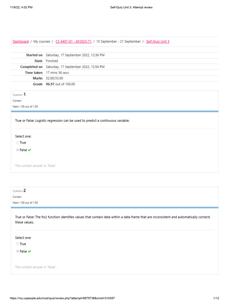 Self-Quiz Unit 3 - Attempt Review | PDF | Regression Analysis | Linear Regression