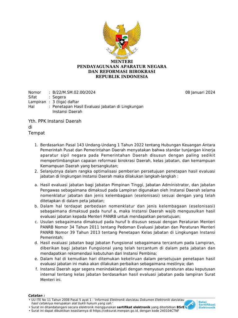 Surat Menpan RB Standar Kelas Jabatan Struktural Dan Fungsional | PDF