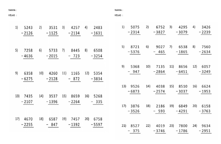 Worksheet Pengurangan Ribuan | PDF