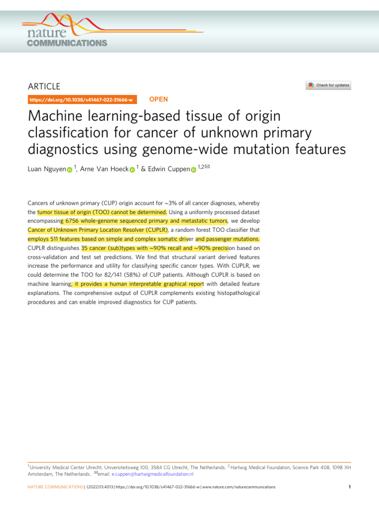 Machine Learning-Based Tissue of Origin Classi Fication For Cancer of Unknown Primary ...