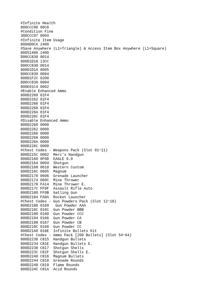 Game Cheat Codes for Infinite Health & Ammo | PDF
