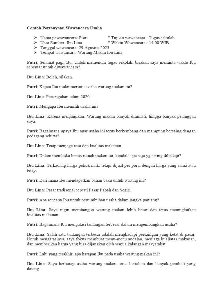 Contoh Pertanyaan Wawancara Usaha Tugas P5 TEMA 2 | PDF