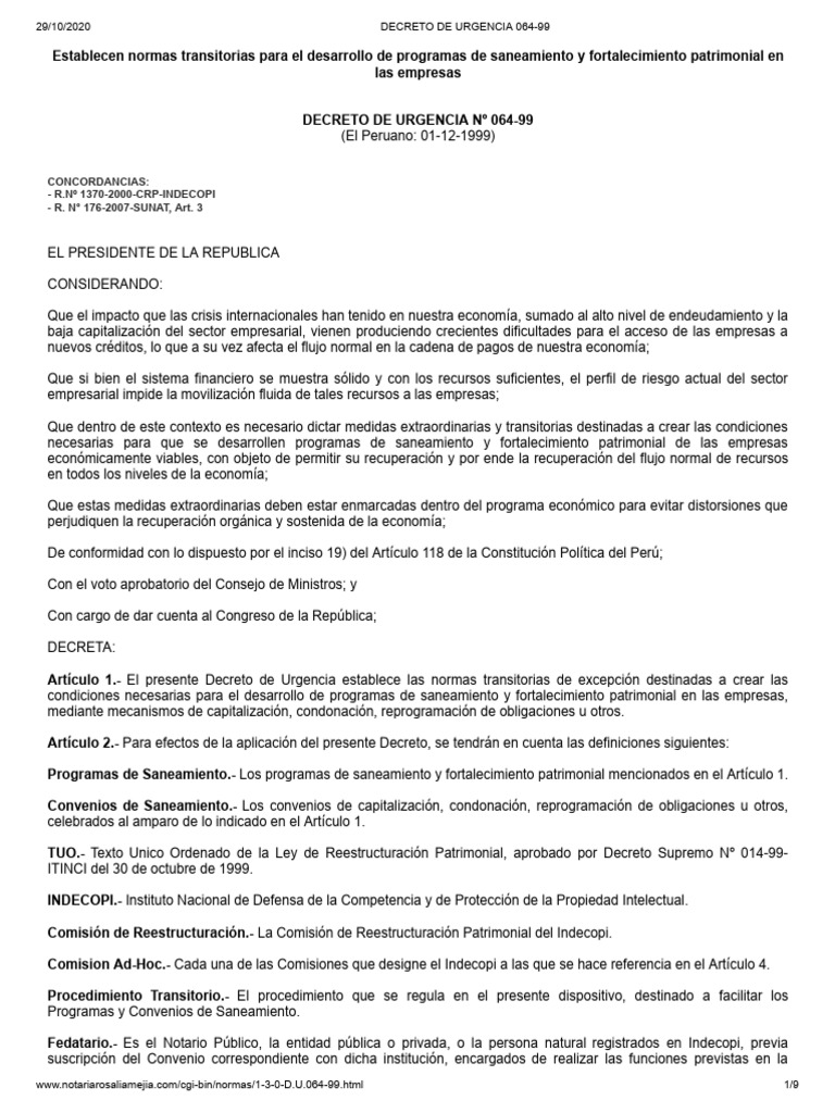 Decreto de Urgencia 064-99 | PDF | Insolvencia