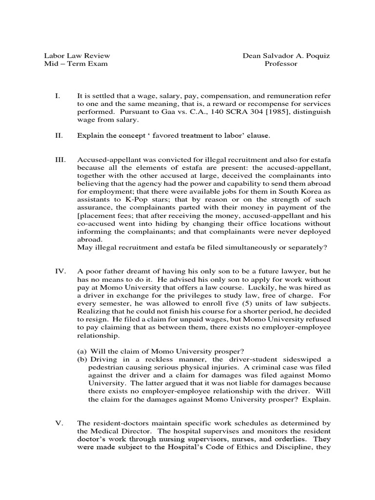 Labor Law Mid-Term Exam by Dean Poquiz | PDF | Employment | Salary