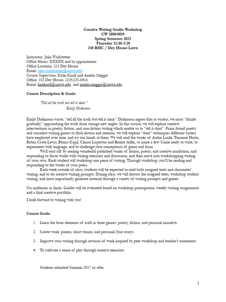 Creative Writing - Syllabus Spring 22 | PDF | Discrimination | Disability