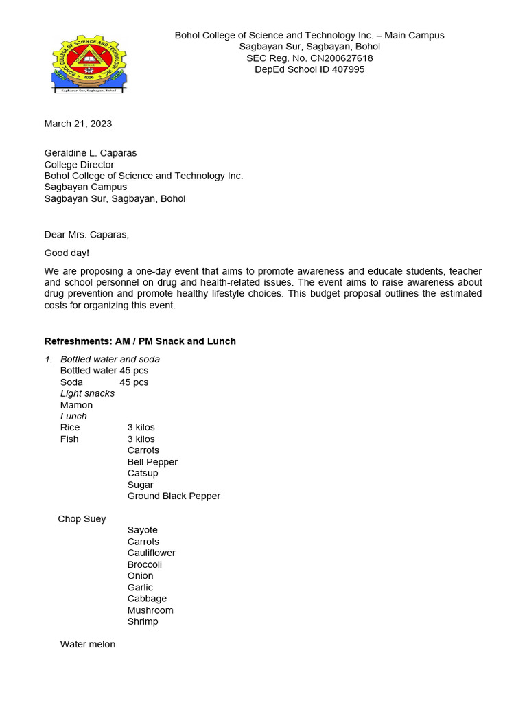 Budget Proposal | Download Free PDF | Foods | Food And Drink