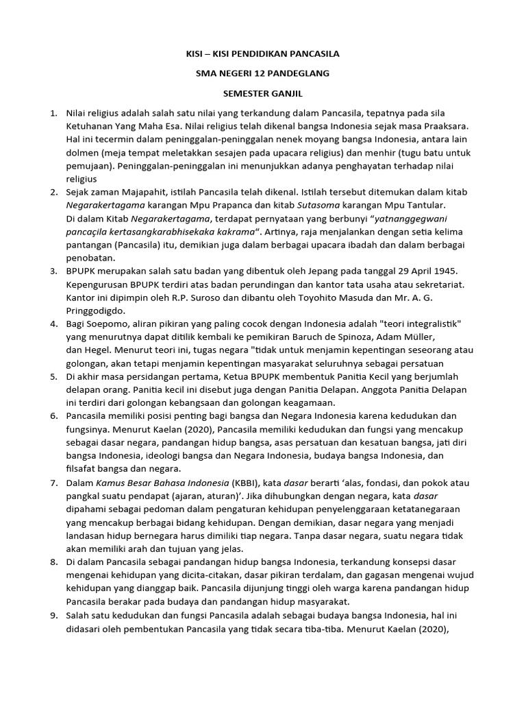 Kisi Kisi Pendidikan Pancasila Sumatif Semester Ganjil Kelas X 2023 | PDF