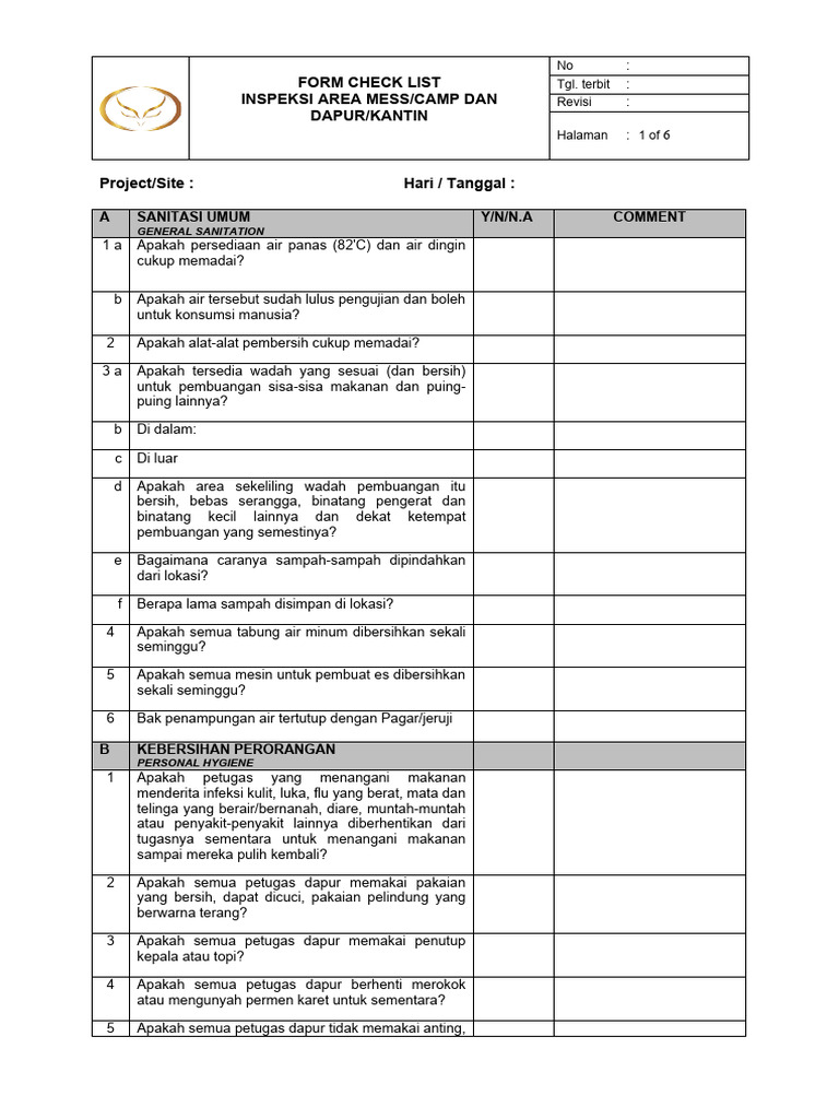 Checklist Inspeksi Dapur dan Mess | PDF | Memasak, Makanan, & Anggur