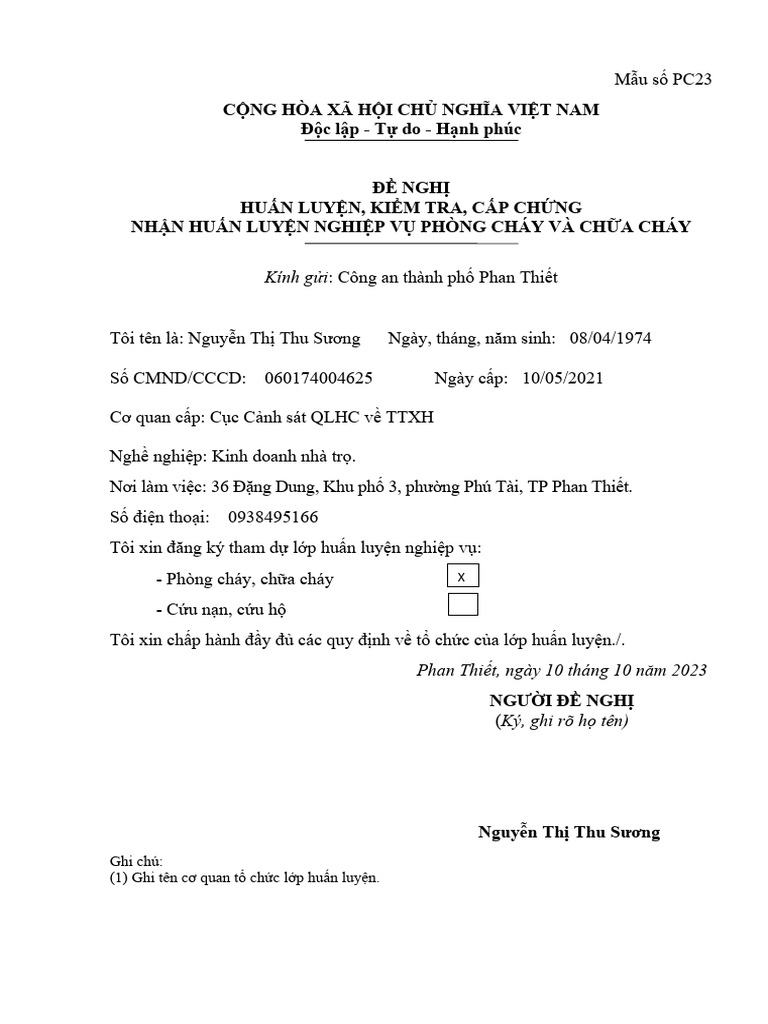 ĐƠN ĐỀ NGHỊ HUẤN LUYỆN PCCC VÀ CNCH 136 MẪU PC23 | PDF