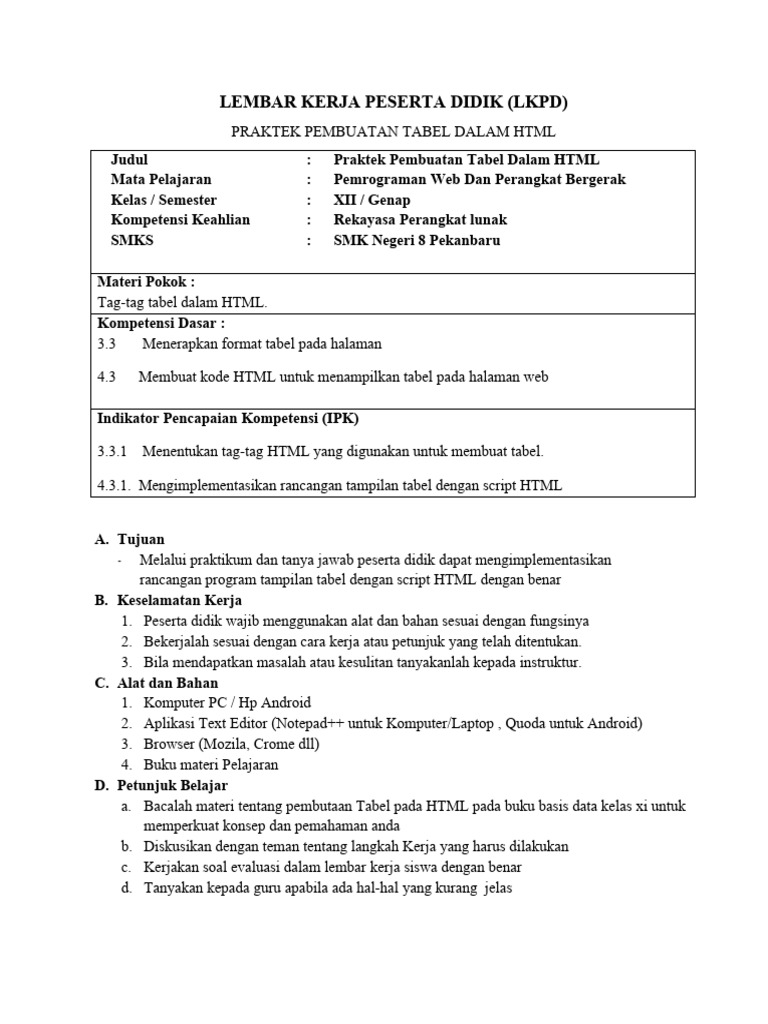 LKPD RPP PWPB Lembar | PDF