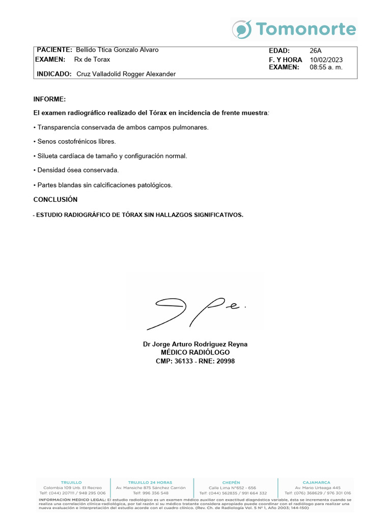 Informe de Rx de Tórax Normal | PDF