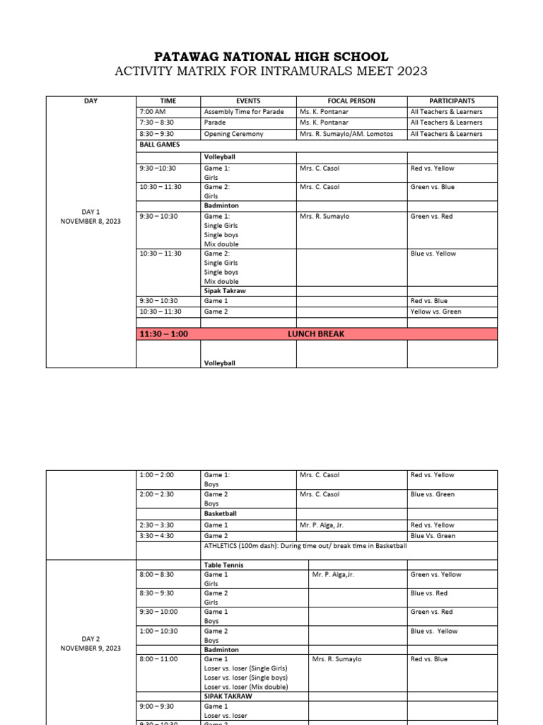 Activity Matrix Intrams 2023 | PDF | Sports | Entertainment