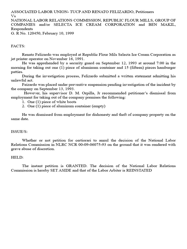 ALU-TUCP and Renato Felizardo Vs NLRC | PDF | Law