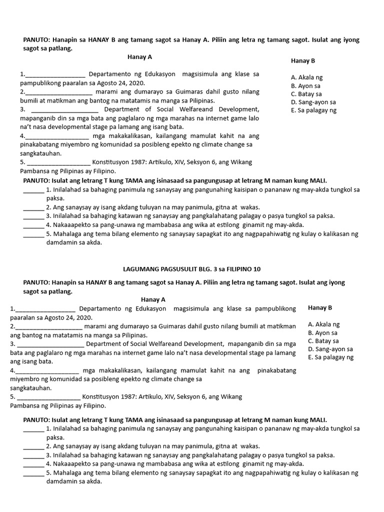 FILIPINO 10 LAGUMANG PAGSUSULIT BLG 3 | PDF