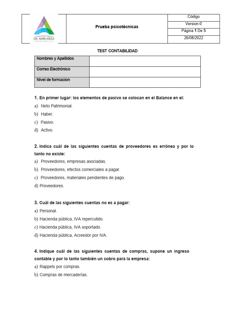 prueba tecnica auxiliar contable | PDF | Contabilidad | Industrias de ...