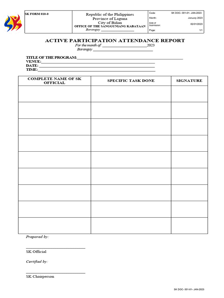 SK Form 010 Active Participation Attendance Report Template | PDF