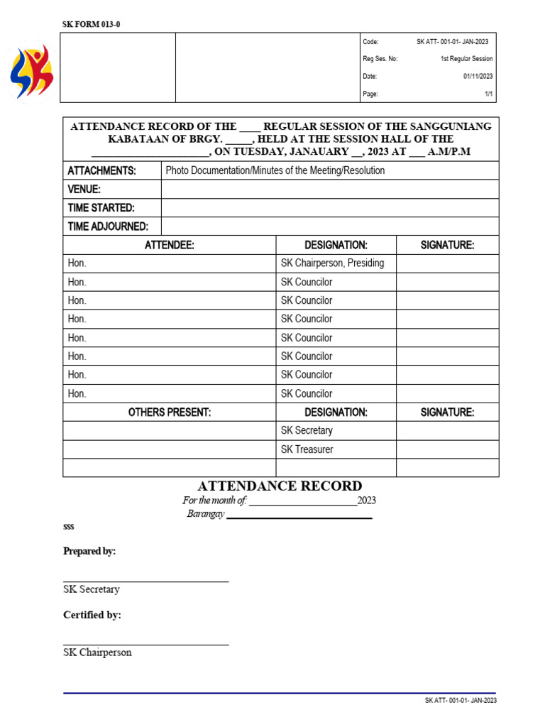 SK Form 013 SK Attendance Sheet Template | PDF