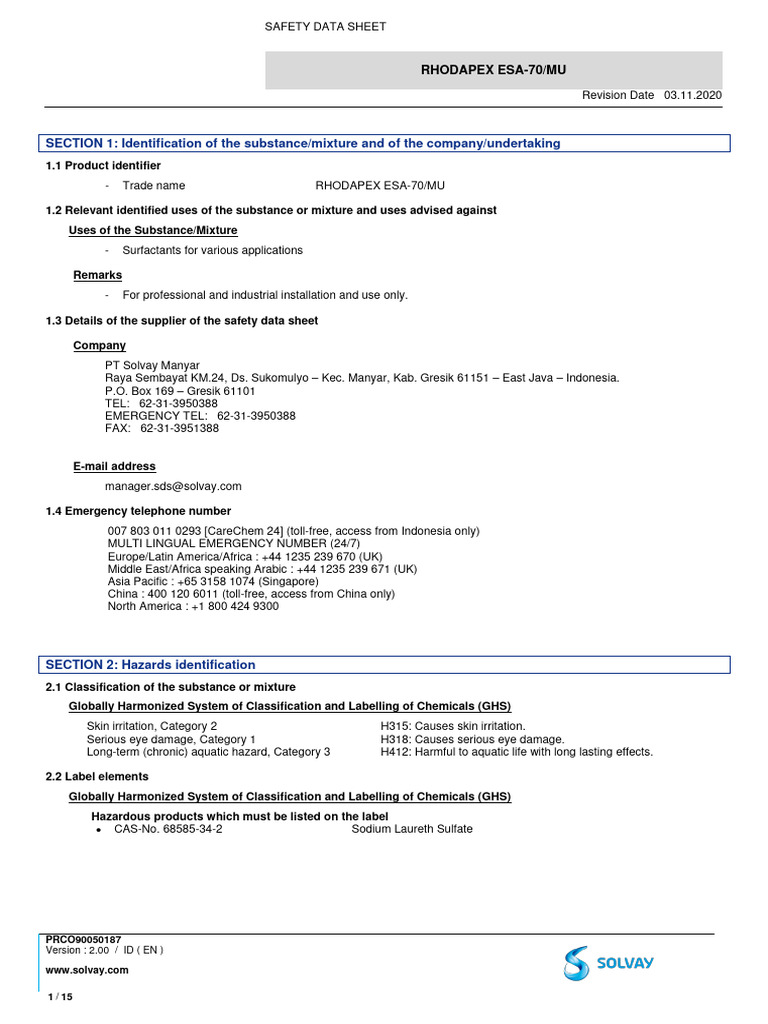 Rhodapex Esa-70 - Mu - SDS - Id - 03nov2020 - en | PDF | Toxicity ...
