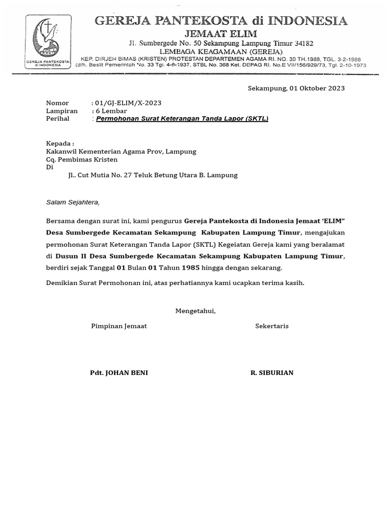 Permohonan SKTL Gereja ELIM | PDF | Agama & Spiritualitas | Kesehatan Holistik