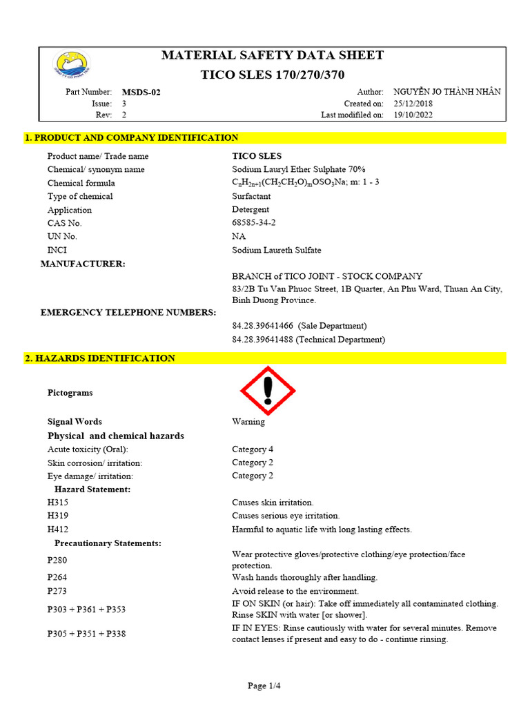 TICO SLES - MSDS-02.E Issue 3 Rev 2 (19-10-2022) | PDF | Water | Safety