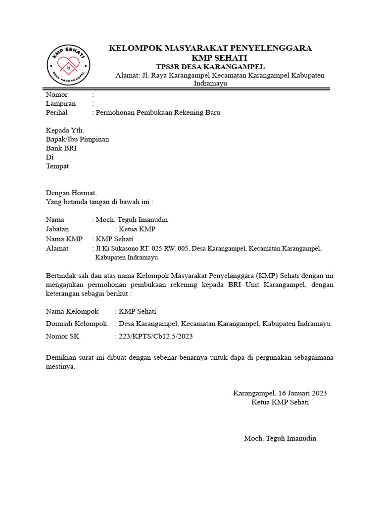 Surat Permohonan Pembukaan Rekening KMP Sehati | PDF