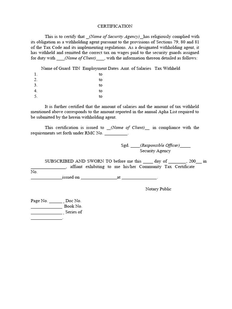 Notarized Certification From Security Agency | PDF