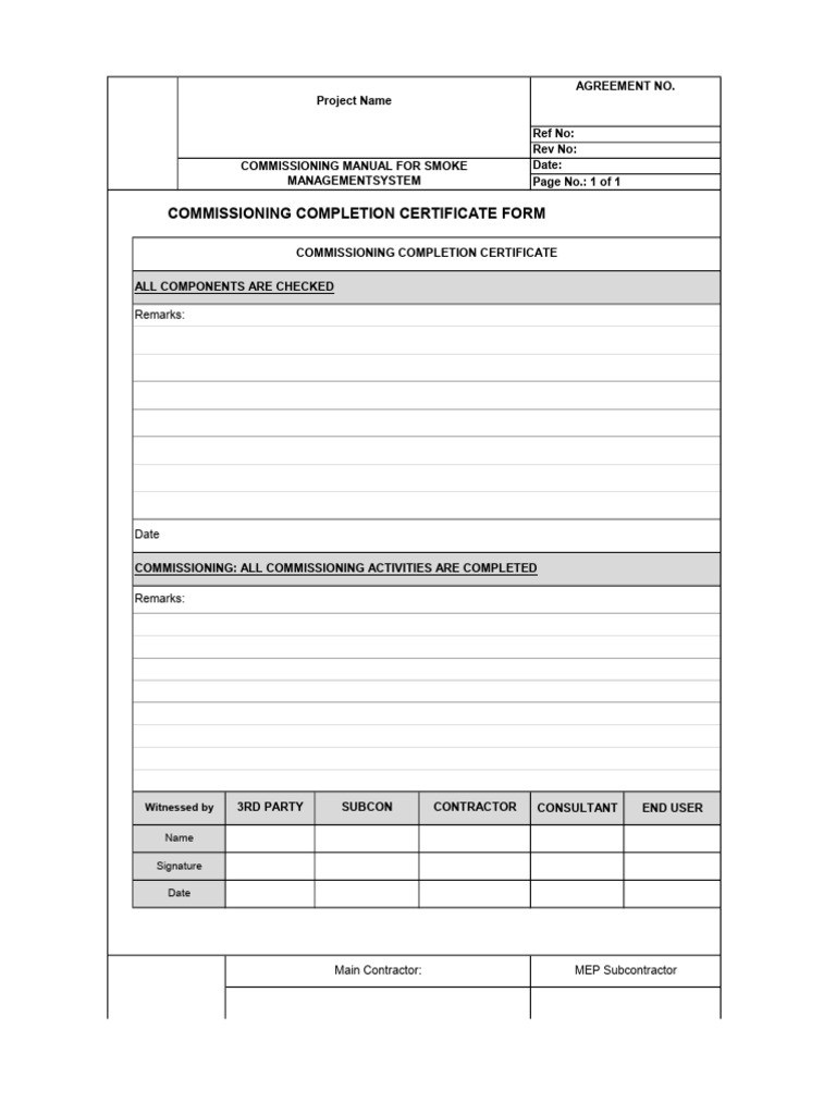 Commissioning Completion Certificate Form | PDF | Technology & Engineering