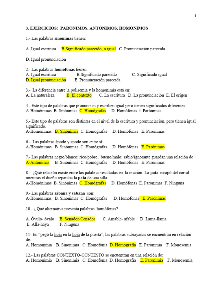 Ejercicios de Parónimos y Homónimos | PDF | Semántica | Semántica léxica