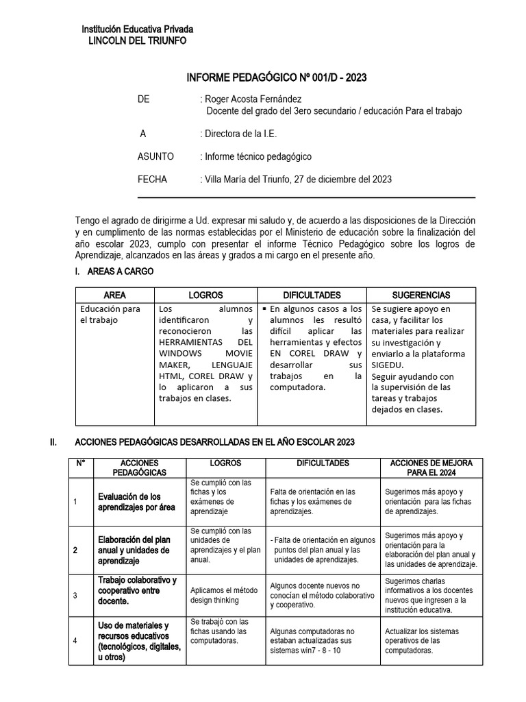 FORMATO - INFORME TECNICO PEDAGÓGICO-3ero Secundaria 2023 EBR | PDF