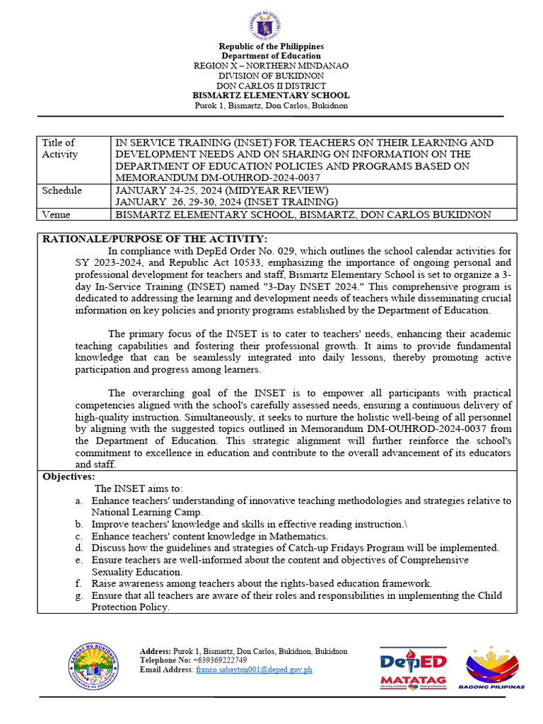 INSET Training Design and Matrix | PDF | Teachers | Behavior Modification