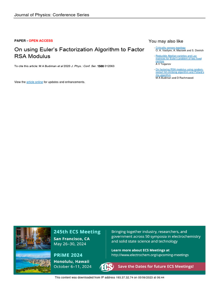 On using Euler’s Factorization Algorithm to Factor | PDF | Key (Cryptography) | Secure Communication