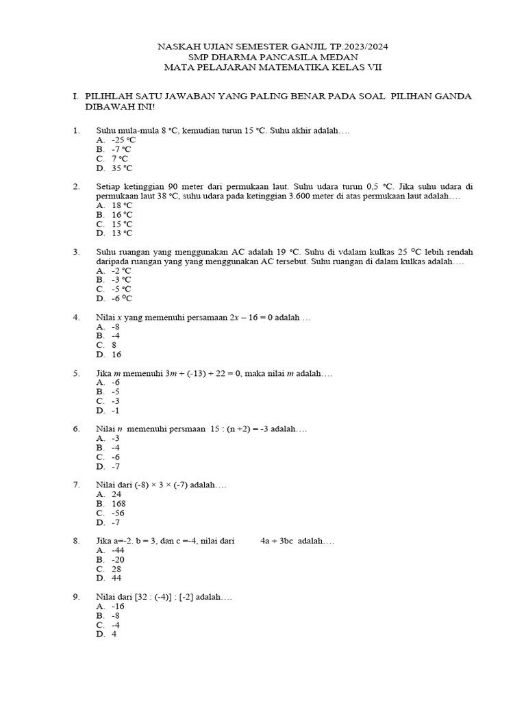 Naskah Soal Ulangan Matematika Kelas Vii | PDF