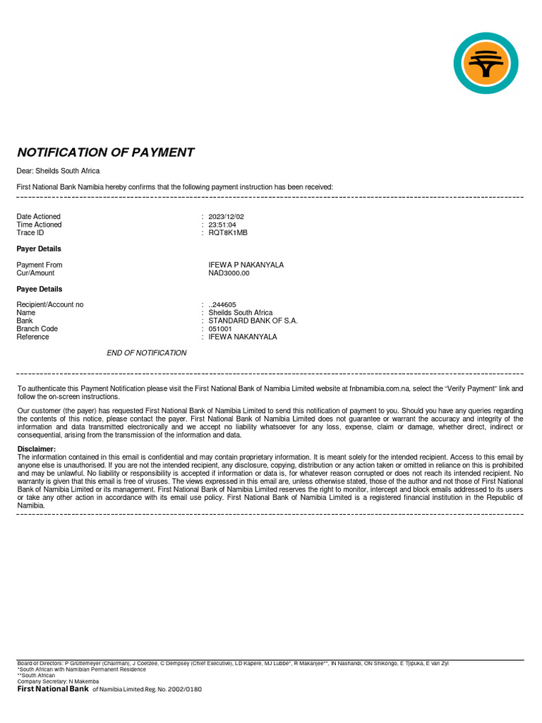 Payment Notification | PDF | Payments | Namibia