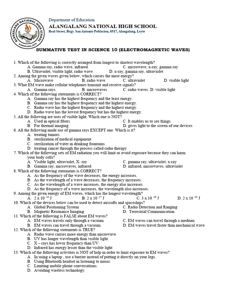 SUMMATIVE TEST (EM WAVES) | PDF | Electromagnetic Radiation | Ionizing ...