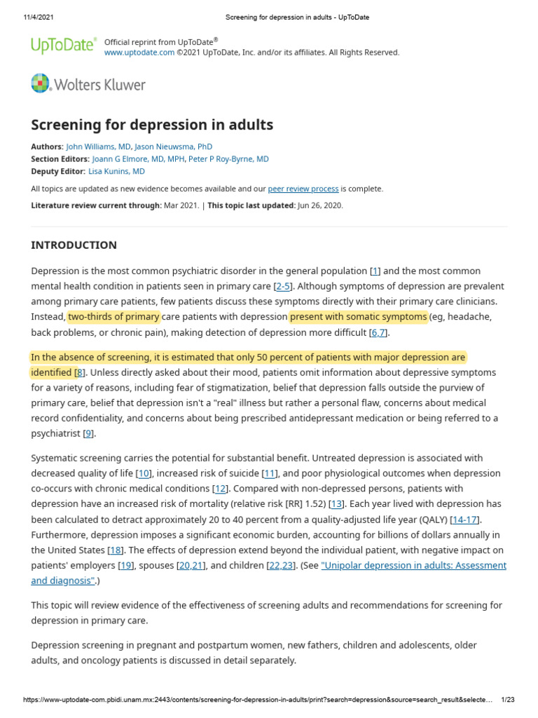 Screening for Depression in Adults - UpToDate | PDF | Major Depressive ...