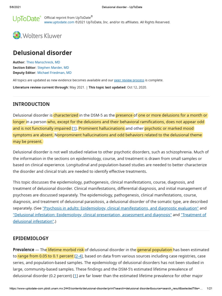 Delusional Disorder - UpToDate | PDF | Mental Disorder | Antipsychotic