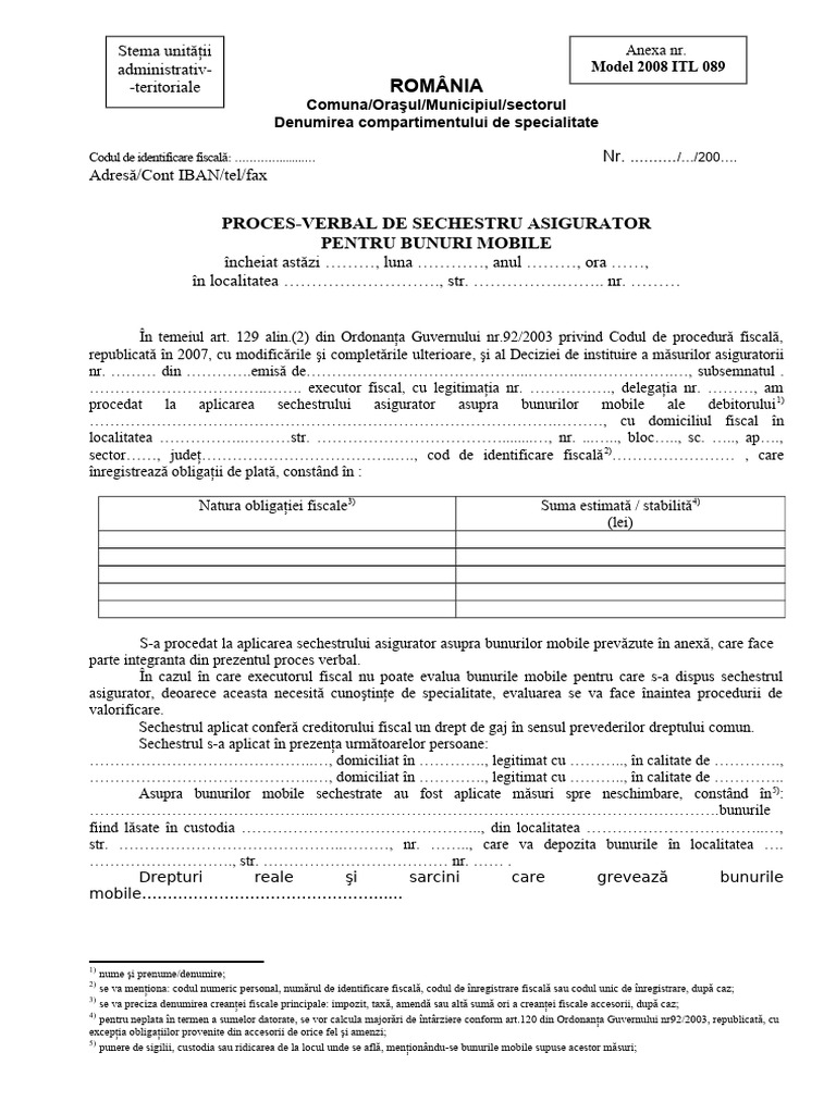 ITL 089 Proces Verbal de Sechestru Asigurator PT Bunuri Mobile | PDF