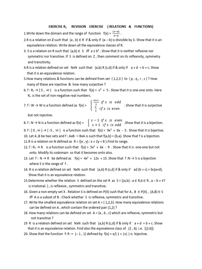 Rev - Ex 1.relations, Functions | PDF | Function (Mathematics) | Abstract Algebra