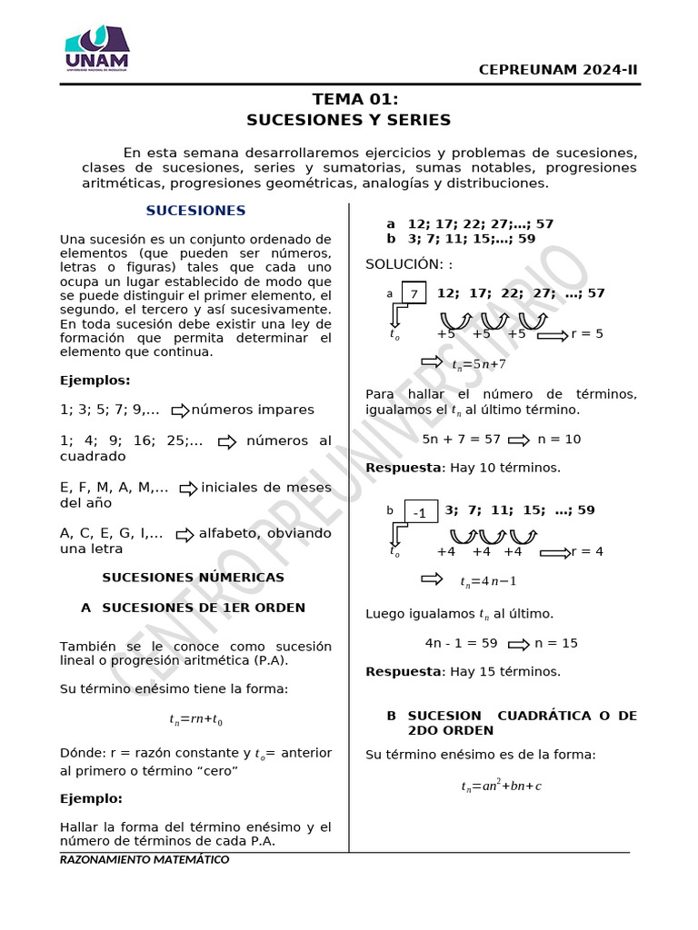 Tema 01 - Sucesiones y Series Cepreunam 2024-II-f | PDF