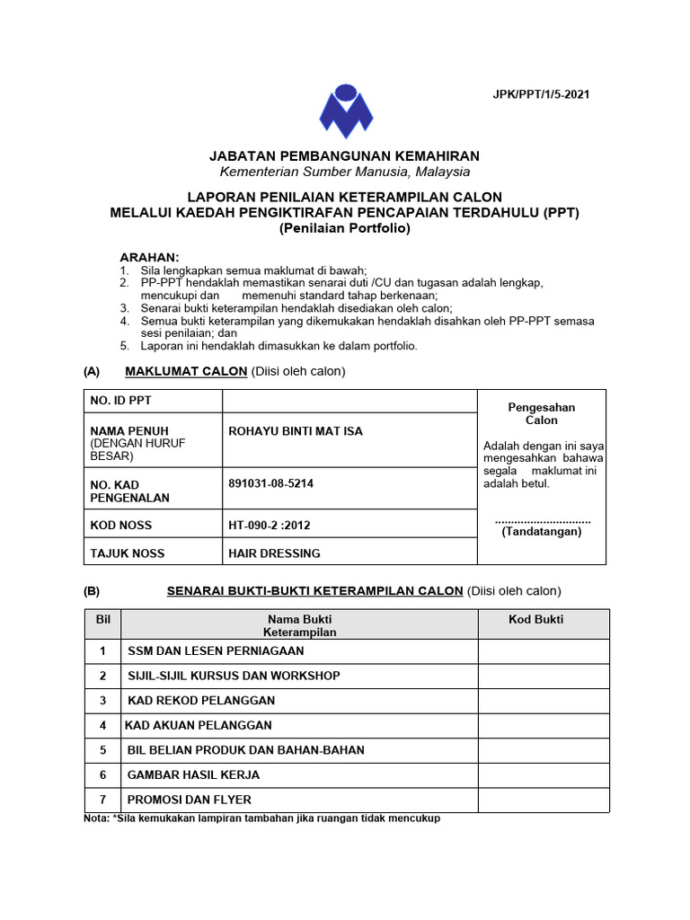 Borang Pernilaian Terampilan JPKPPT 1-5-2021 | PDF